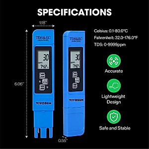 VIVOSUN PH Meter Digital PH Tester Pen, Orange and TDS Tester 3-in-1 TDS EC & Temperature Meter Ultrahigh Accuracy Digital Water Quality TDS Tester (Blue)