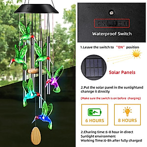 DesGully Wind Chimes,Hummingbird Solar Wind Chimes for Outside,Aluminum Tubes Memorial Wind Bell for Garden/Patio Decor Thanksgiving Gifts for Mom, Wife, Grandma Neighbors(25 Inch Deep Tone)