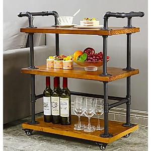 DOFURNILIM Industrial Bar Carts/Serving Carts/Kitchen Carts/Wine Rack Carts on Wheels with Storage - Industrial Rolling Carts - Wine Tea Liquor Shelves/Holder - Solid Wood and Metal Home Furniture