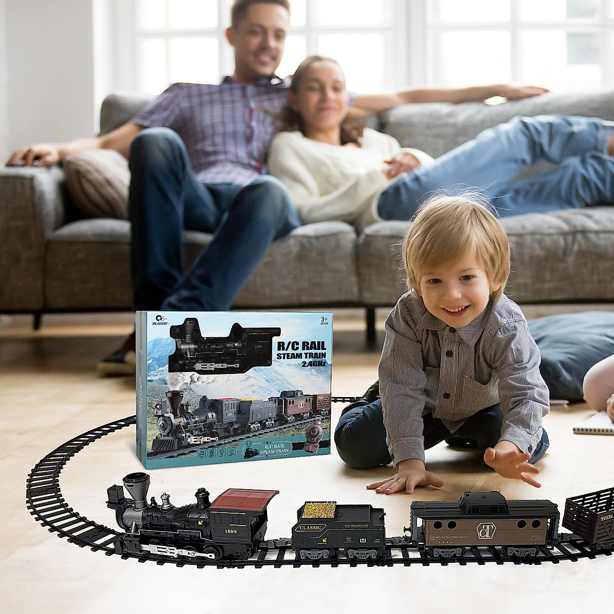 Steam Train Set Toys -Electric Train Set Toys Retro Train Track with Locomotive with Smokes,Light & Sounds, for Toys for 3 4 5 6 7+ Years Old Kids