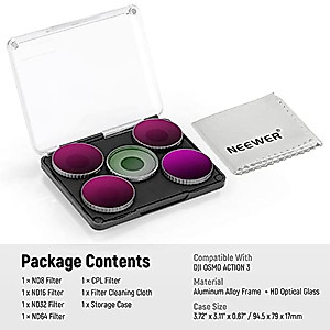 NEEWER 5PCS ND Filter Kit Compatible with DJI Osmo Action 3, CPL ND8 ND16 ND32 ND64 Neutral Density Filter HD Optical Glass Multi Layer Coated Aluminum Alloy Frame for Action Camera Accessories