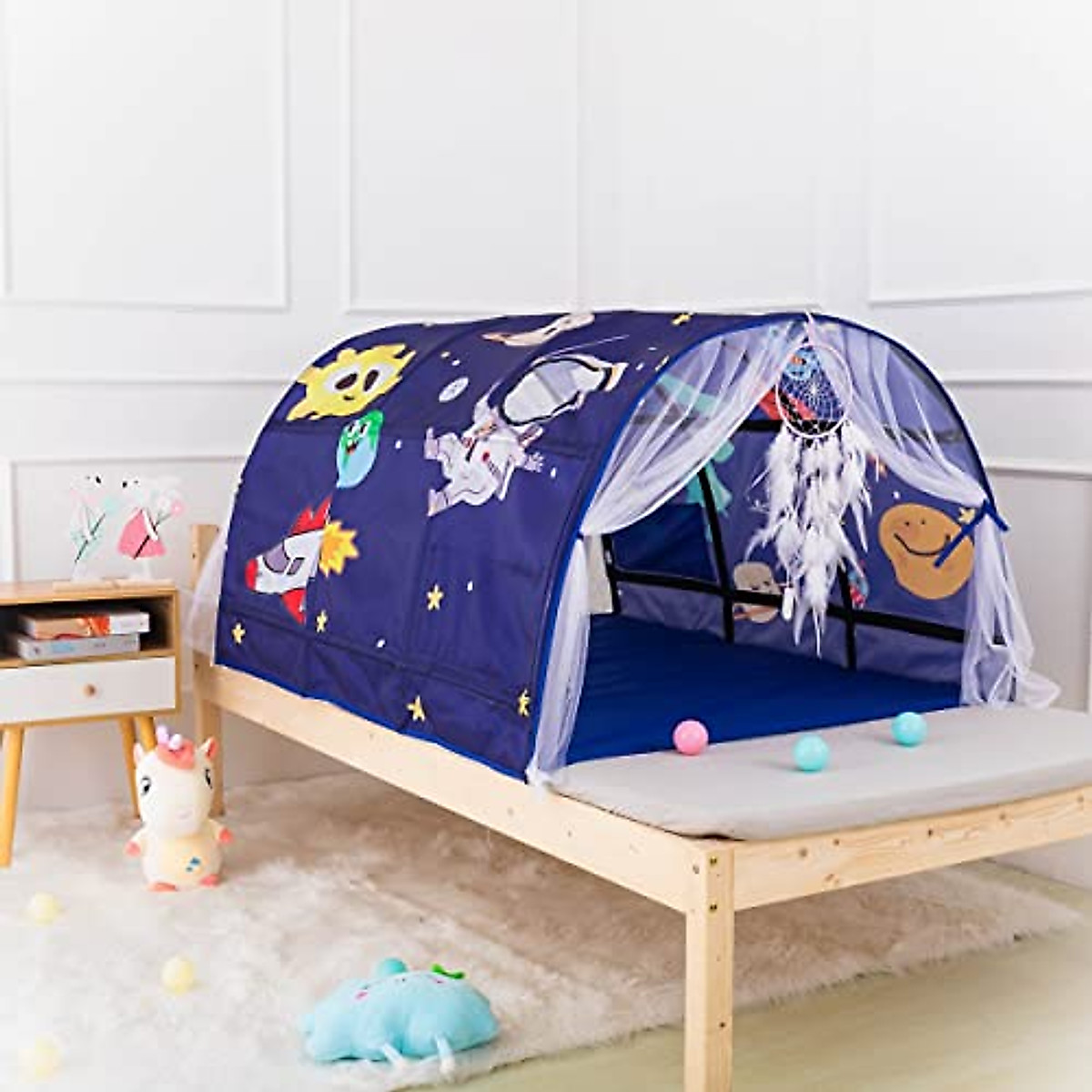 Happy Tent Space Stars Bed Tents for Kids Portable Play Game House Boys Girls Breathable Cottage DIY Inner Pocket Sleeping Toddlers Playhouse with Double Net Curtain & Carry Bag (Blue)