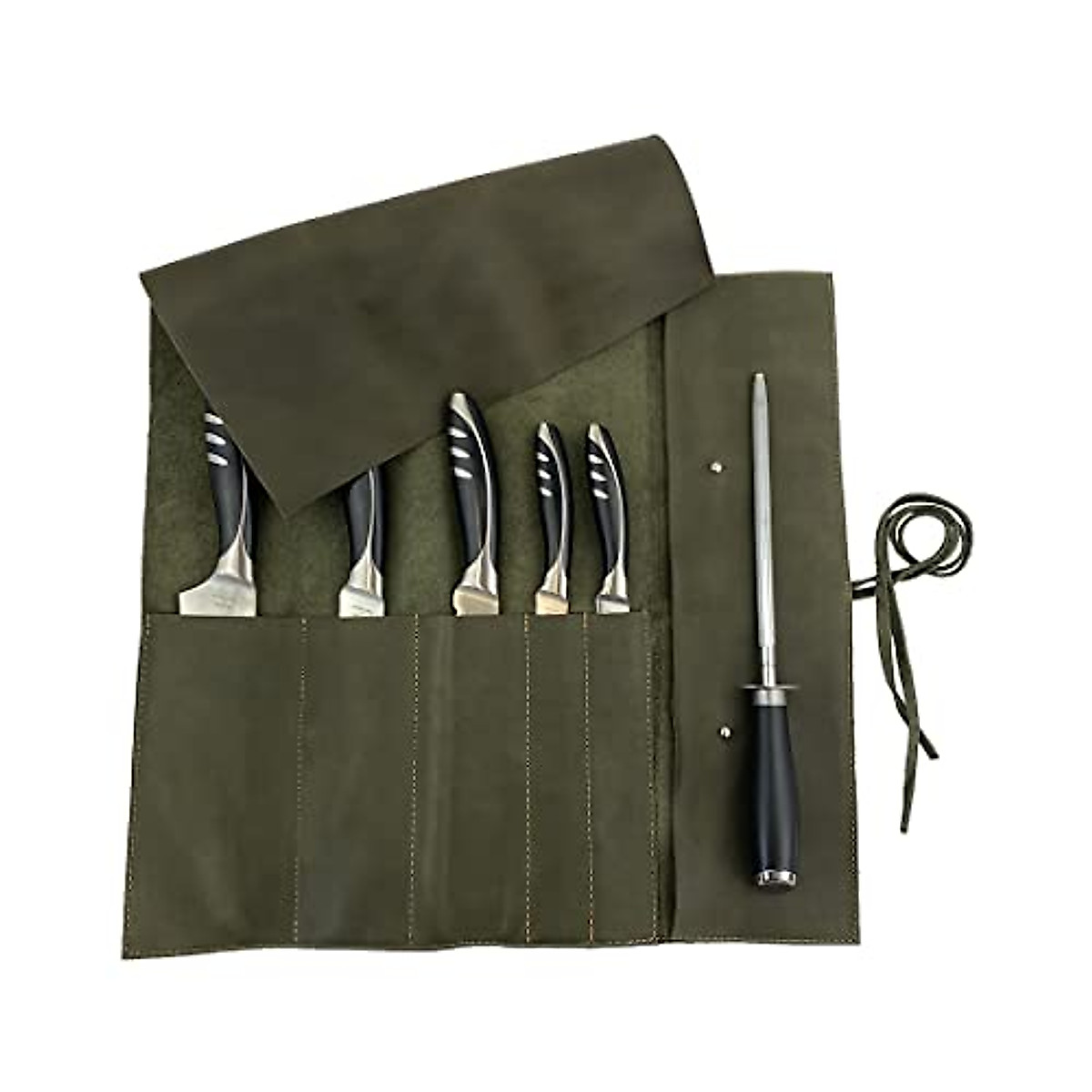 Hide & Drink, Rustic Full Grain Leather Knife Roll Case (5 pockets), Compact Carry-On Bag for Traveling Chefs & Cooks, Kitchen Tool Storage Organizer, Handmade, Dark Jade