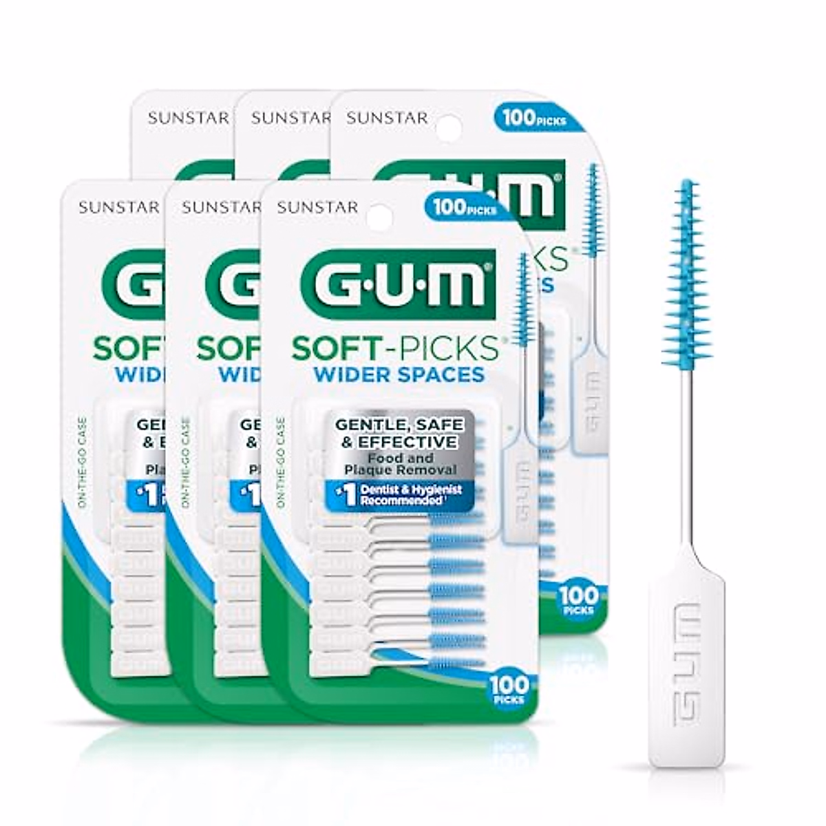 GUM Soft-Picks Wider Space, Easy to Use Dental Picks for Teeth Cleaning and Gum Health, With Convenient Carry Case, Dentist Recommended Dental Floss Picks, 100ct (6pk)
