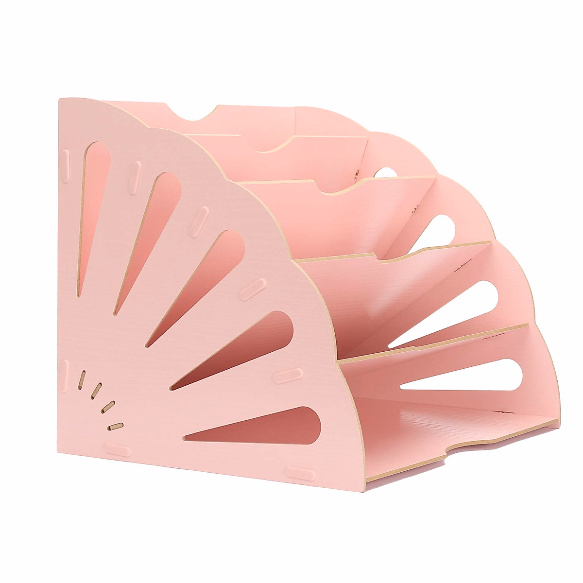 File Folder Holder Wood Organizer 5 Compartment, File Sorter Wood Buckle Design Desktop Fan-Shaped Mail Letter Document Magazine File Assembly Divider DIY Office Tabletop Storage Box (Pink)