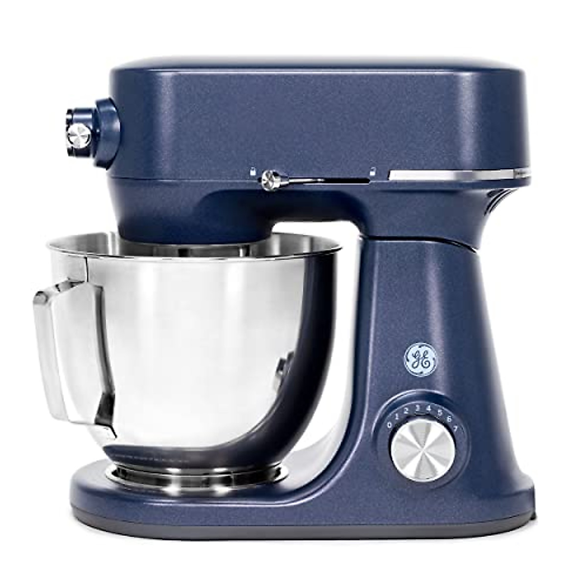 GE Tilt-Head Electric Stand Mixer | 7-Speed, 350-Watt Motor | Includes 5.3-Quart Bowl, Flat Beater, Dough Hook, Wire Whisk & Pouring Shield | Countertop Kitchen Essentials | Sapphire Blue