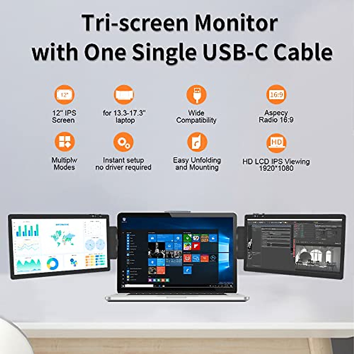 12" Full HD IPS Laptop Screen Extender, Triple Screen Portable Laptop Workstation, Portable Monitor for Laptop Upgrade Dual Screen Laptop Only Needs 1 USB C Cable to Connect to Windows/mac