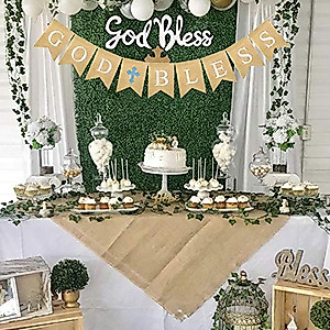 FAKTEEN God Bless Burlap Banner Baptism First Communion Decorations for Boys Confirmation Centerpiece Decor Baby Shower and Birthday Party Supplies