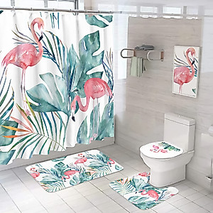 Tititex Pink Flamingo Tropical Leaves Shower Curtain Set 4PCs with Non-Slip Rugs,Toilet Lid Cover and Bath Mat,Teal Bathroom Decoration 71x71 Inch with Hooks