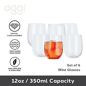 Oggi Unbreakable Wine Glasses, Set 6 - Elegant Reusable Plastic Wine Cups, Stemless Wine Glass Tumbler Design, Shatterproof Plastic, Ideal for Indoor and Outdoor Use, Recyclable - 12oz / 350ml