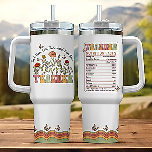 99OWL Teacher Wildflower Retro Vintage Nutrition Facts, Tumbler 40 Oz With Handle Lid And Straw, Teacher Gifts, Stainless Music Teachers Floral Gift Coffee Water Flower Cups Funny