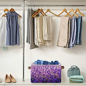 AUUXVA Storage Basket Purple Lavender Field Storage Cube Box Durable Canvas Collapsible Toy Basket Organizer Bin with Handles for Shelf Closet Bedroom Home Office