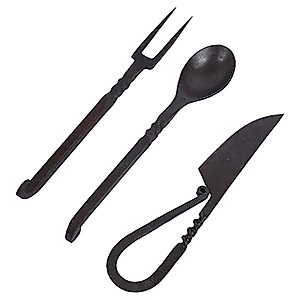 Viking Traders Hand-Forged Blacksmith Medieval Dining Hall Eating/Feasting Utensils set of 3 Piece Functional Fork Knife and Spoon Medieval Eating Set, with genuine leather pouch for easy carrying.