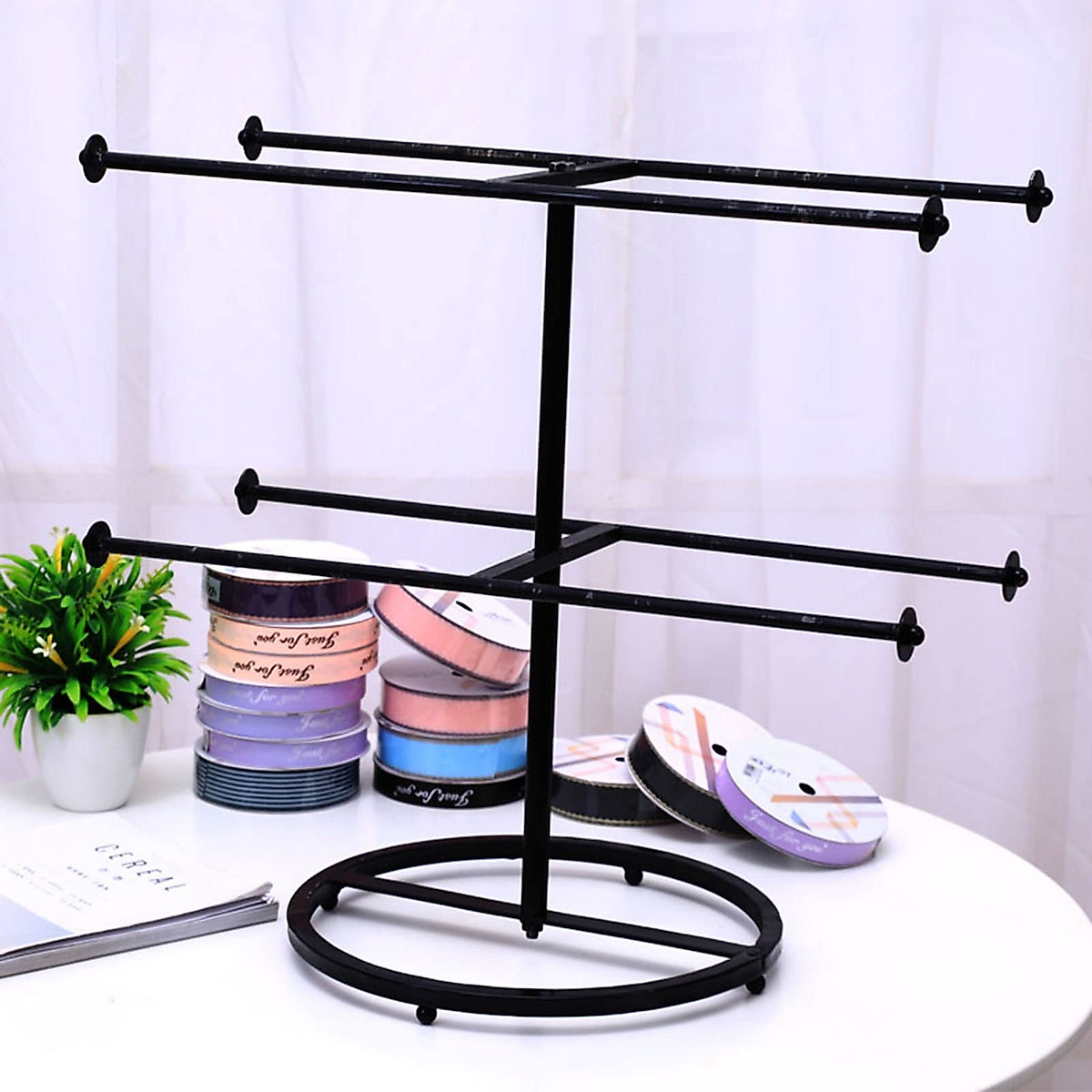 Desktop Ribbon Display Stand Two-Sided Ribbon Roll Storage Rack, 2-Tiers Iron Ribbon Shelf Holder for Cake/Gifts/Flowers Store, Black