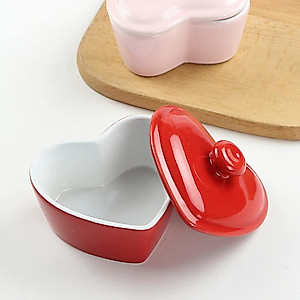 Bicuzat Heart-Shaped Dessert Bowl with Lid Ceramic Baking Bowl Rice Bowl-5 OZ-Red