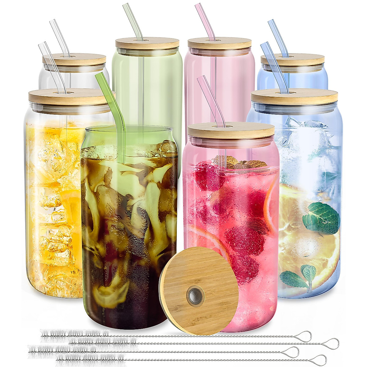 fullstar Glass Cups with Lids and Straws - Drinking Glasses, Glass Tumbler with Straw and Lid, Iced Coffee Cups, Glass Coffee Cups with Bamboo Lids (Multicolor No Sleeves, 8 Pack)