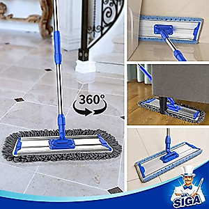 MR.SIGA 18" Professional Microfiber Mop for Floor Cleaning, Stainless Steel Telescopic Handle, Includes 2 Washable Premium Microfiber Mop Pads, 1 Scrub Cloth and 1 Dust Cloth