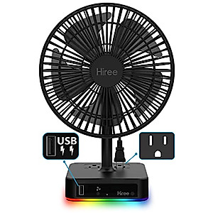 Hiree Desk Fan with USB Charging Port, 2 Speeds 6.7 Inch Small Desktop Table Fan with 2 AC Outlets and LED Lights, Strong Wind, Quiet Operation - Personal Fan for Home, Dorm Room, Office