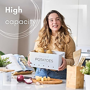 Canisters Sets for the Kitchen Organization, Potato Storage, Onion Storage, Garlic storage, Vegetable storage, Canisters Set for Countertop, Set of 3 Galvanized Steel with Ventilation and Bamboo Lids