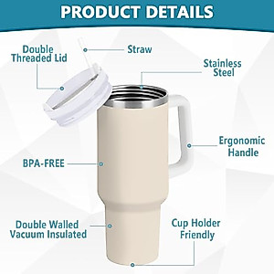 Emelivor Beige 40 oz Tumbler with Lid and Straw Insulated Tumblers with Handle Travel Coffee Mug Cup Large Water Bottles Cup for Hot and Iced Cold Drinks