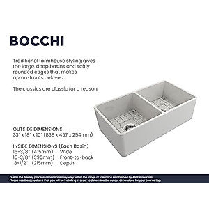 BOCCHI Classico Farmhouse Apron Front Fireclay 33 in. Double Bowl Kitchen Sink with Protective Bottom Grid and Strainer in White