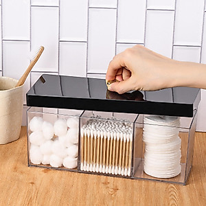 acDesign Qtip Holder Rectangle Cotton Ball and Swab Holder Organizer with Lid, Plastic Apothecary Jars, 3 Compartment Cotton Pad Container for Vanity Makeup Organization