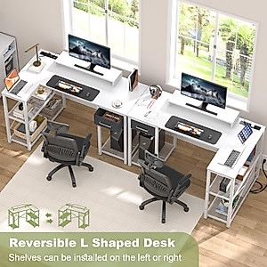 Homieasy L Shaped Desk with Monitor Stand & Drawer, Corner Gaming Desk with LED Strip & Power Strip, Modern Simple Home Office Computer Desk with Storage Shelves, Grey
