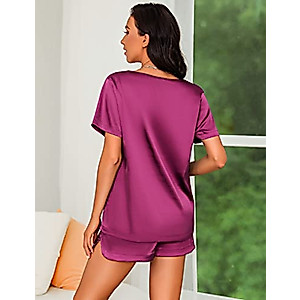 Litherday Satin Pajamas Two Piece Pj Sets Casual V Neck Short Sleeve Silk Tops and Shorts Sleepwear Silky Pjs Gift for Women Dark Purple X-Large