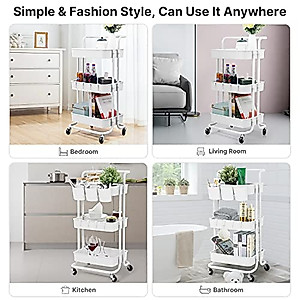 E&D FURNITURE 3 Tier Rolling Storage Cart with Wheels, Utility Art Craft Supply Cart Organizer on Wheels, Multipurpose Adjustable Makeup Cart Hair Salon Trolley with Handle & Hanging Cups