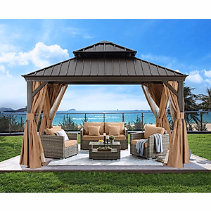 ABCCANOPY Hardtop Gazebo 12x12 - Outdoor Metal Hard Top Gazebo, Permanent Galvanized Steel Aluminum Framed Pavilion with Netting and Curtain for Patio Backyard Lawn Garden (Double Roof, Khaki)