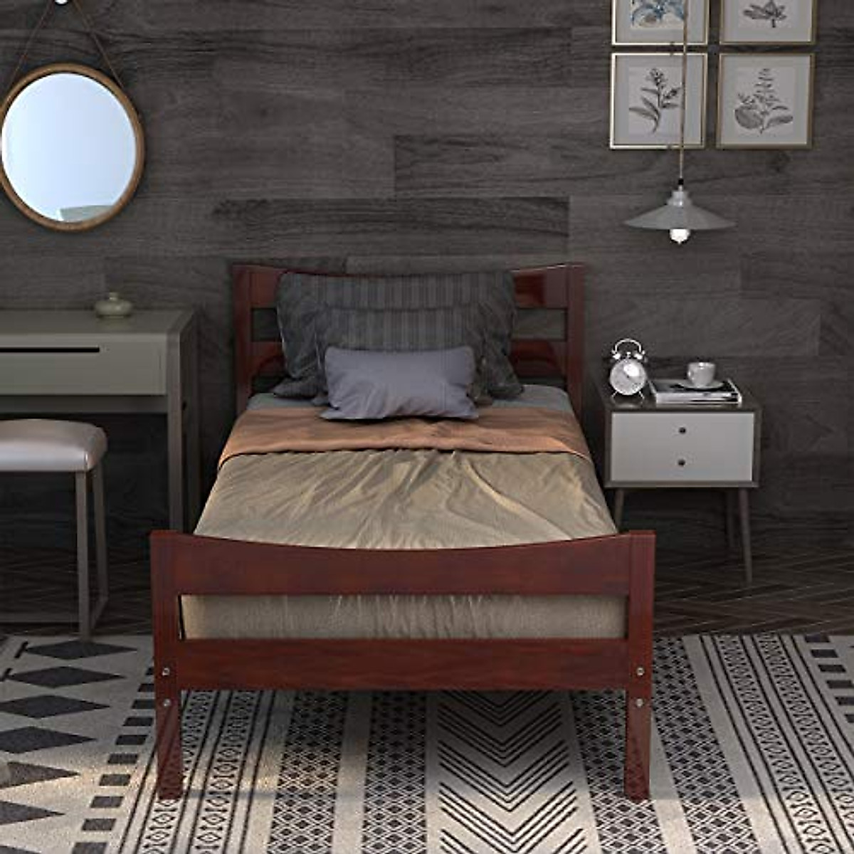 Giantex Wood Bed Frame Twin Size, Rustic Style Platform Bed w/Headboard & Footboard, Solid Wood Slat Support, No Box Spring Needed, Panel Bed Mattress Foundation for Kids (Walnut)