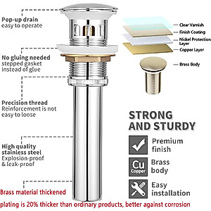 Solid Brass Lavatory Vessel Pop Up Drain Assembly Sink Pop-Up Drain Stopper Assembly with Overflow for Bathroom Faucet Vanity Sink, All Brass Construction(Chrome Plated)