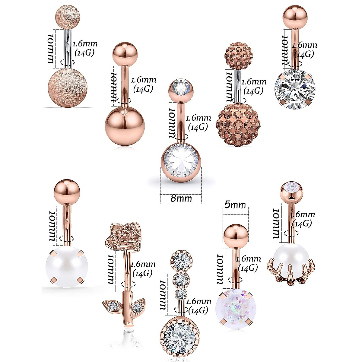 Vsnnsns 14G Belly Button Rings Flower Belly Rings for Women Stainless Steel Opal Belly Piercing Jewelry Surgical Steel Belly Button Rings Curved Navel Ring Barbell CZ Body Jewelry Piercing Rose Gold