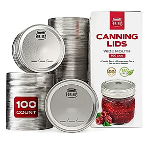 Wide Mouth Canning Lids, 100-Pack – Create Airtight Seals on Mason Jars to Preserve Food for Meal Prep & Emergency Food Storage – 3.4 In. Metal Lids with Silicone Seals – Canning Supplies by FORJARS