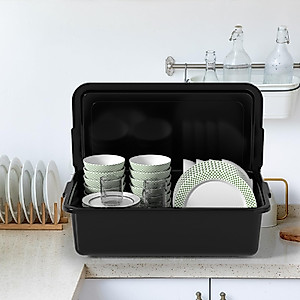 DynkoNA 3 Pack 13 L Plastic Commercial Bus Box, Restaurant Bus Tub with Lid, Black