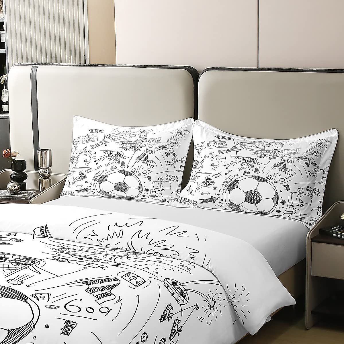 100% Organic Cotton Football Comforter Cover, Hand Drawn Sketch Soccer Flag Network Team Sports Duvet Cover for Boys Teens Men, Decorative 2 Piecce Bedding Set, Twin Size, White Black, No Comforter