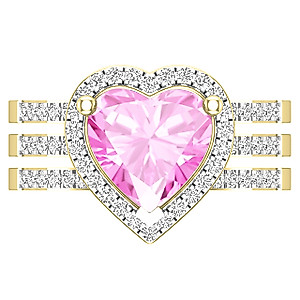 Dazzlingrock Collection 9mm Heart Shaped Created Pink Sapphire & 0.63 CT Round Natural White Diamond Wedding Ring Set for Her in 10K Yellow Gold, Size 7.5