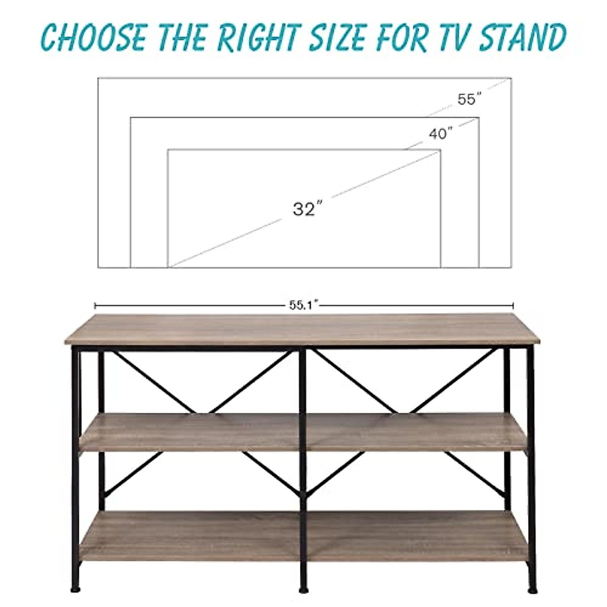 Vagowin 55 inch Sofa Console Table - 3-Tier Wood Hallway Table with Storage Industrial Rustic - Modern Entertainment Center with Shelf TV Stands, Farmhouse Side Table Bookshelf for Living Room, Grey