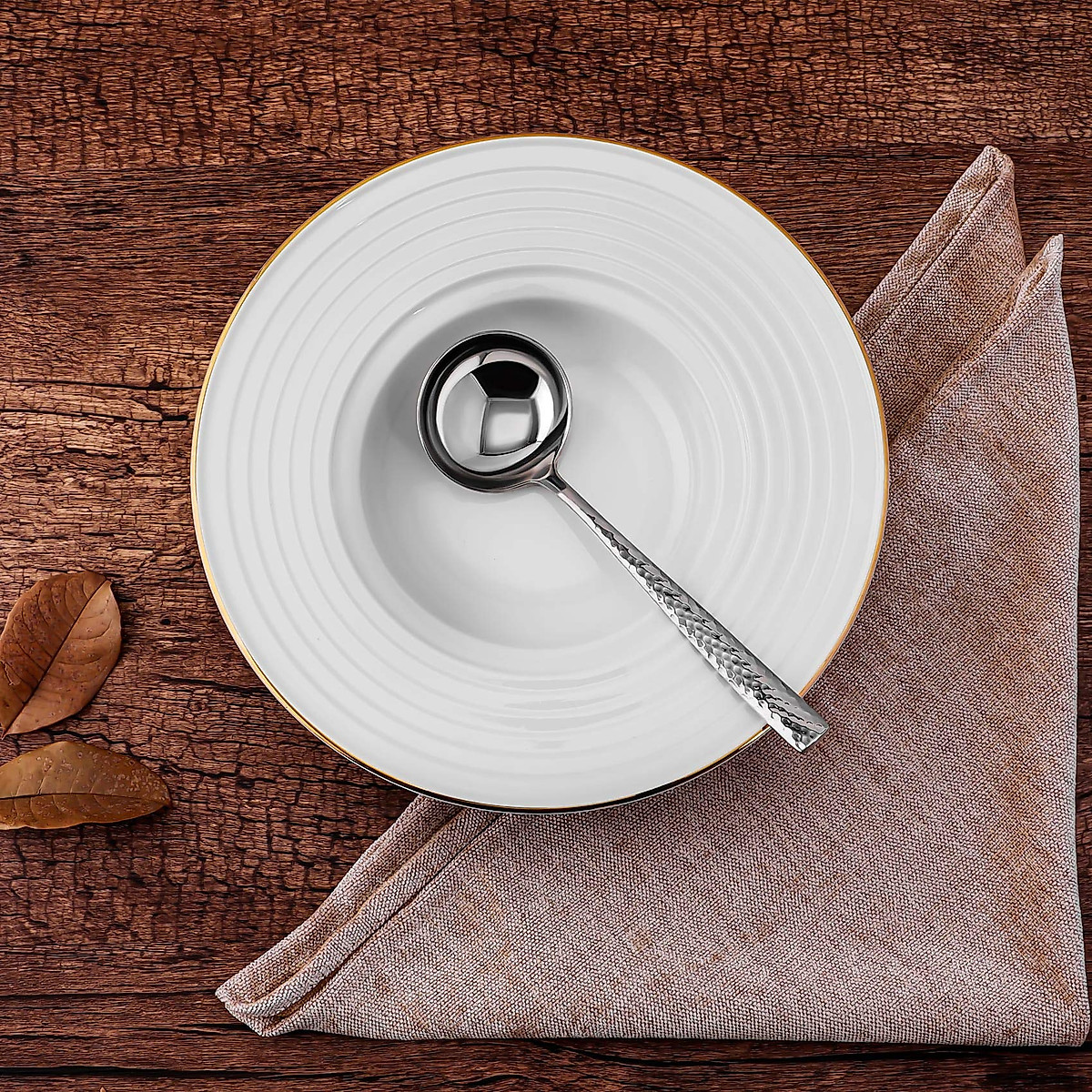 KEAWELL Unique 7.5 inch Small Hammered Sauce ladle, 1 oz. 18/10 Stainless Steel Gravy Soup Ladle. Solid and Sturdy, Dishwasher Safe (2)