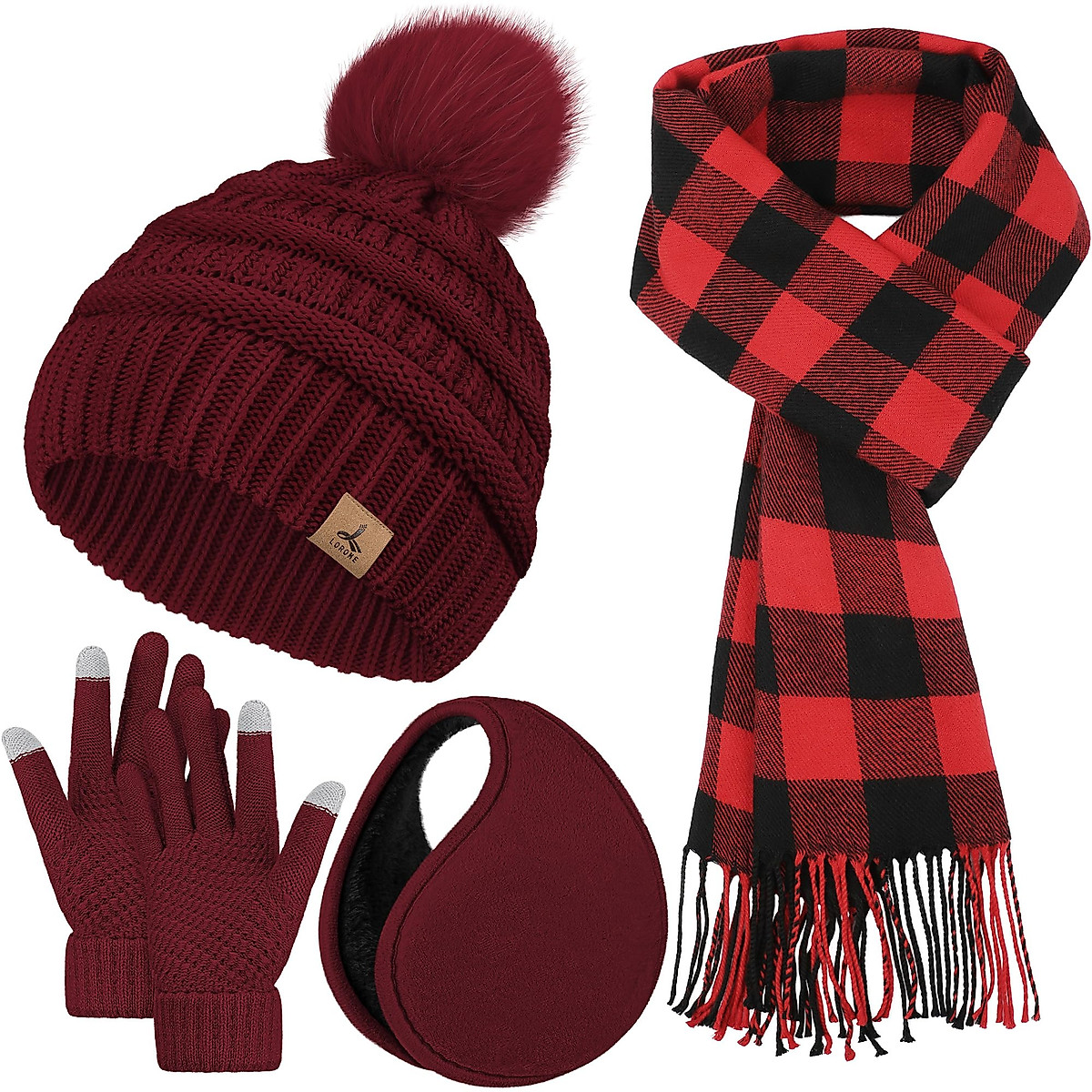 Winter Hat Scarf Gloves and Ear Warmer, Knit Warm Beanie Hat Touch Screen Gloves Long Knitted Plaid Scarf Set Gifts for Women Wine Red