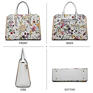 Dasein Women Large Handbag Purse Vegan Leather Satchel Work Bag Shoulder Tote with Matching Wallet (White Flower)