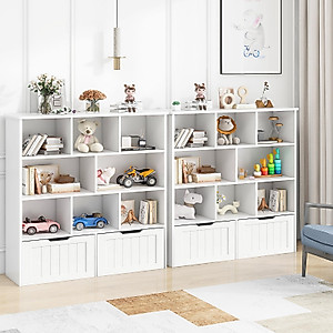 Toy Storage Organizer with Bookshelf, Large Toy Organizers and Storage 2 Movable Drawers with Hidden Wheels and 8 Storage Cubbies, Kids Bookshelf and Toy Storage Chest, Playroom Furniture, White