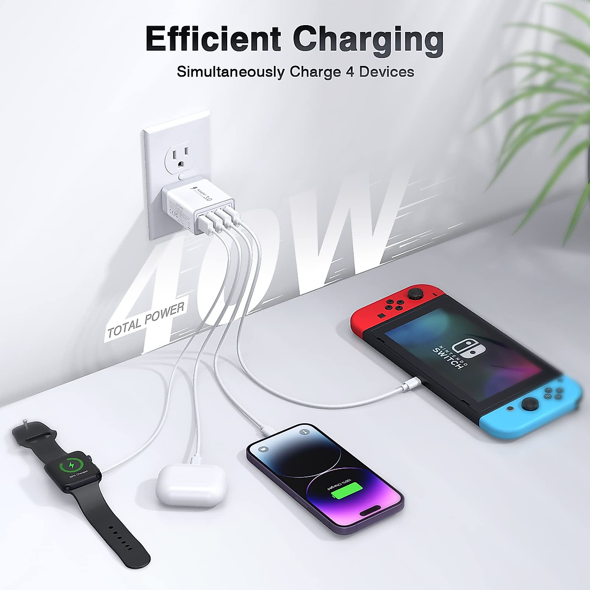 2Pack USB Wall Charger, 40W 4-Port Fast Charger Block, Multiport USB Cube Power Adapter Charging Brick Plug for iPhone 11 12 13 14 15 Pro Max XR Xs Max 8 7 6,Samsung,LG,Google Pixel,Moto(White)