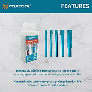 CORTOOL Dry Diamond Drill Bits for Porcelain Tile Ceramic Glass Marble, 5PCS 1/4", 5/16", 3/8", 1/2" Tile Drill Bit, Tile Saw, Vacuum Brazed Diamond Core Drill Bits with Round Hex Shank