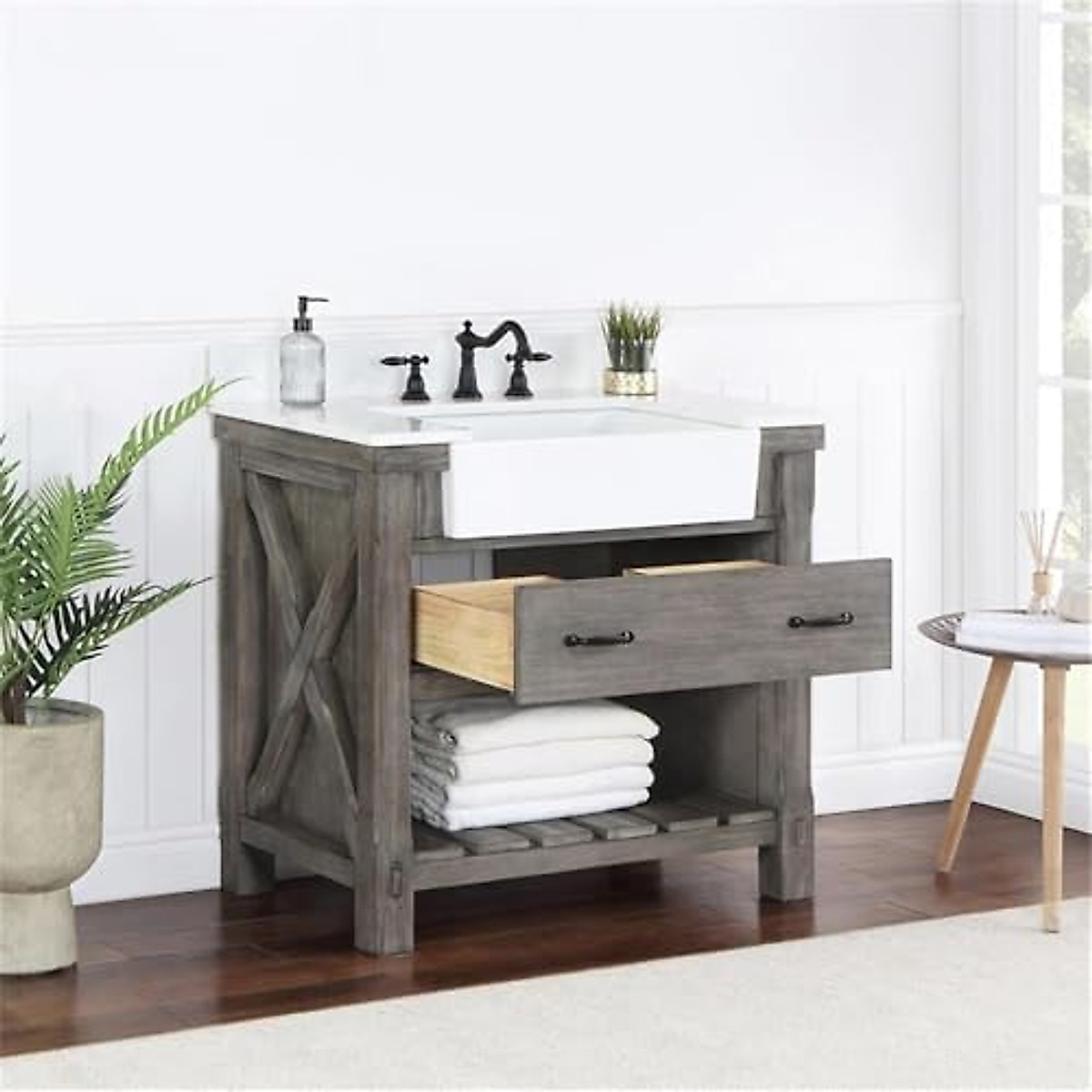 VINNOVA Villareal 36" Single Bath Vanity in Classical Gray with White Farmhouse Basin