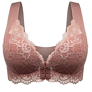 JFLYOU Women Bras,Ladies Adjustable Sports Front Closure Extra-Elastic Breathable Lace Trim Bra(Pink,85C)