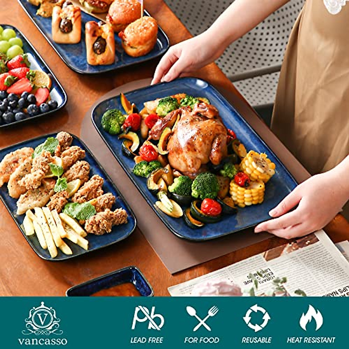 vancasso Stern Serving Platters Set of 3, 15/13/ 11 Inches Rectangular Serving Plates, Blue Serving Trays for Entertaining, Party