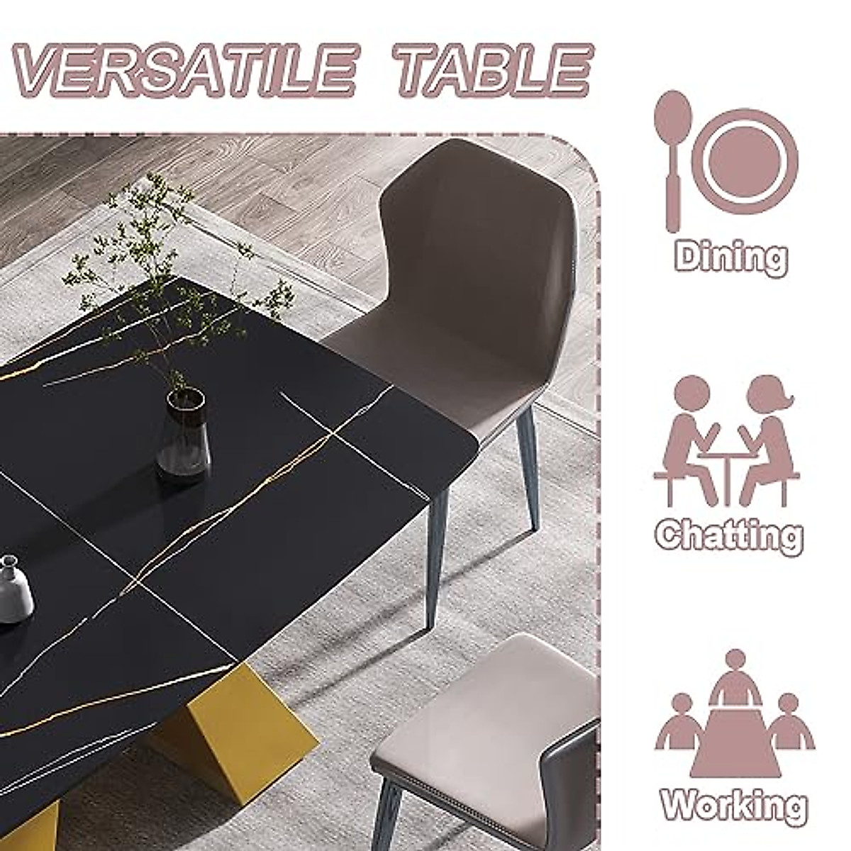 Modern Kitchen Dining Table, 63" Rectangular Sintered Stone Tabletop Dining Table with Gold Carbon Steel Table Legs, Kitchen Table Dining Room Table for Dining Room Living Room, Black(Without Chairs)