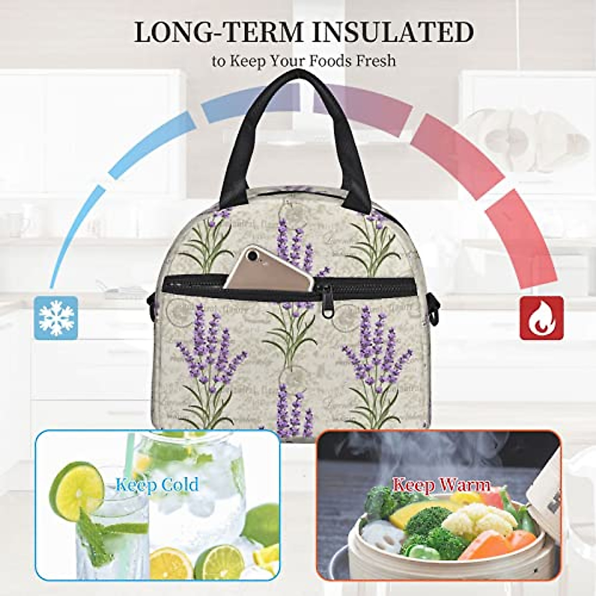 Vintage Lavenders Floral Lunch Bag Reusable Insulated Lunch Tote Bag Lunchbox Container With Adjustable Shoulder Strap For Office Work School Picnic Travel