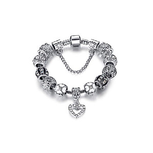 Savlano Silver Tone Heart Charm Bracelet with Crystal and Murano Glass Beads Snake Chain for Women Comes in a Gift Box